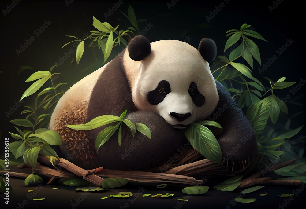 Cartoon picture of a cute panda dozing off after a meal of bamboo. The ...