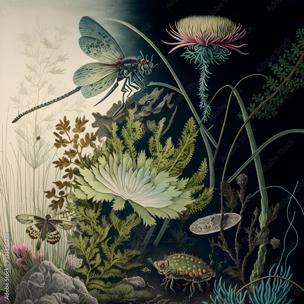 lichens mosses insects Engraving with handcoloring on watermarked paper ...