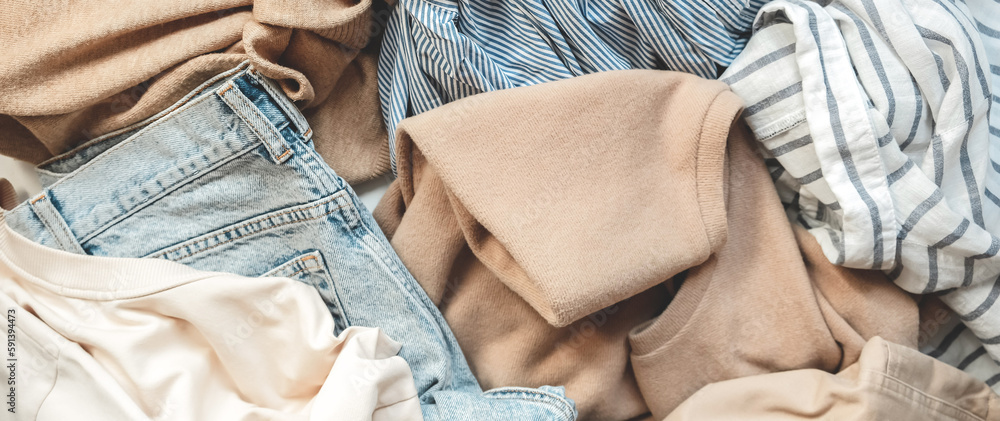 Second hand clothes, used wardrobe. Circular fashion, fast fashion, eco ...