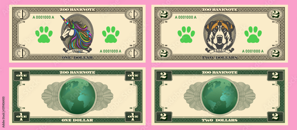 Vector obverse and reverse of zoo banknotes in denominations of 1 and 2 ...