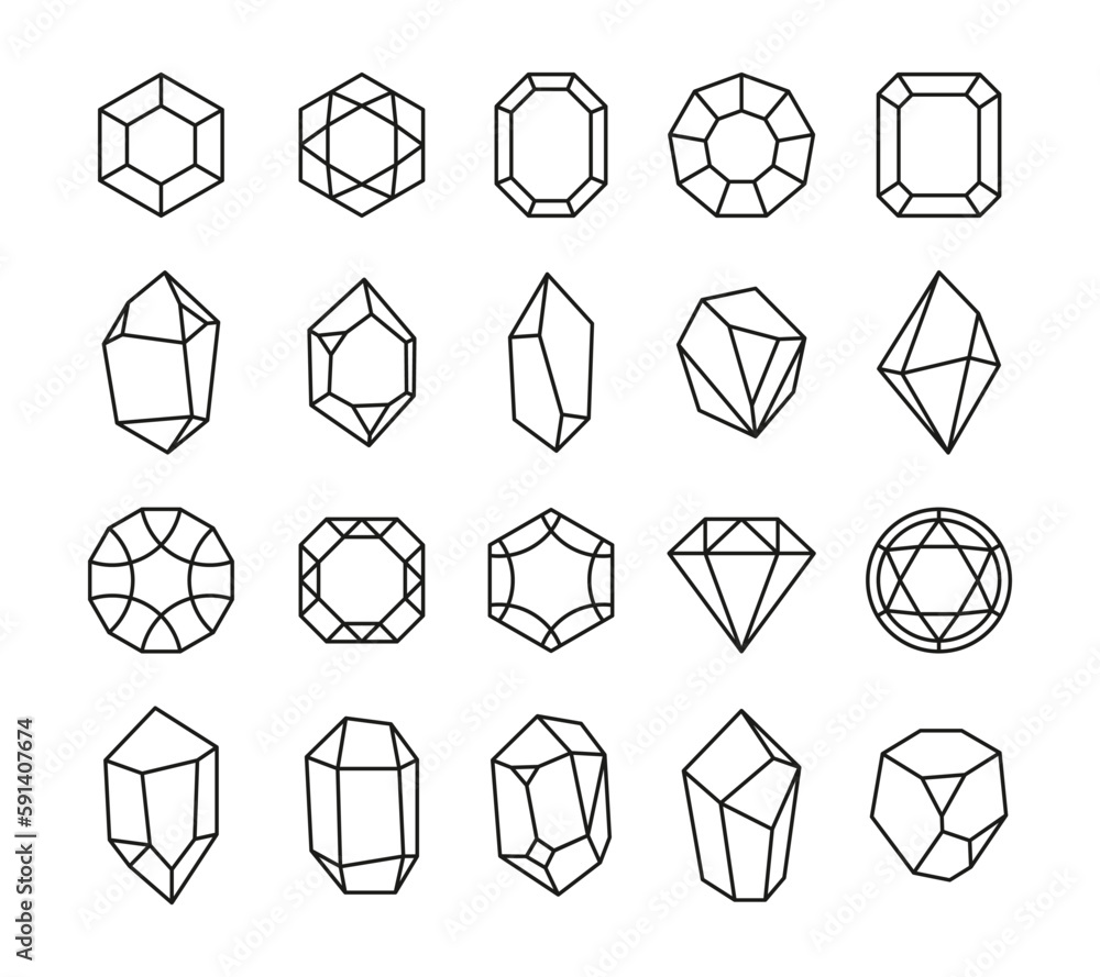 Line natural crystal. Geode outline sketch, mineral quartz line art for ...