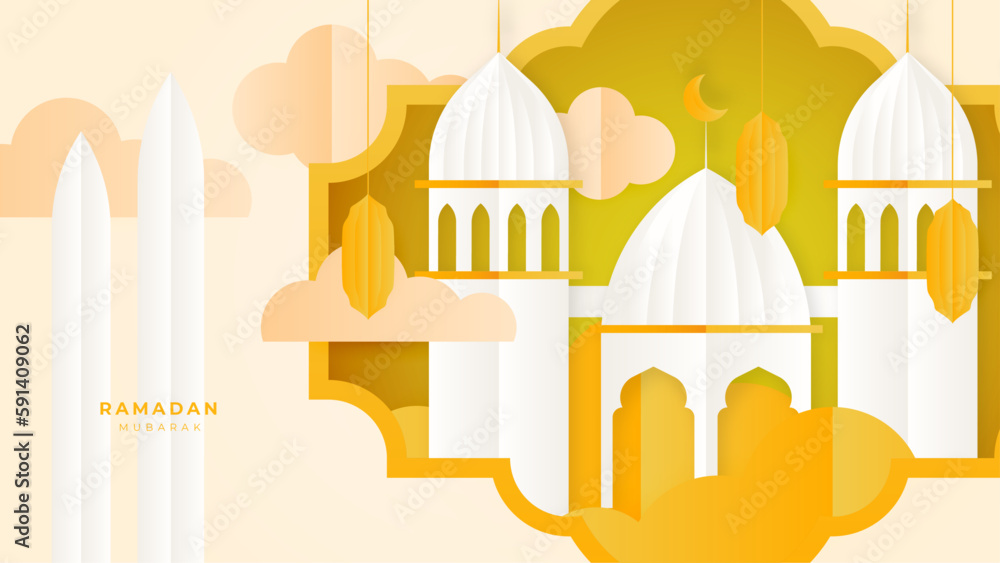 Vetor de Ramadan Kareem Banner with Gold Moon, Clouds and 3d Paper cut ...