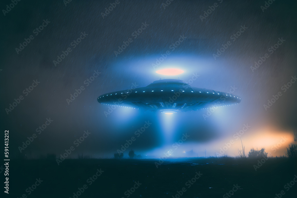 flying UFO saucer type spacecraft over wild field at foggy night road ...
