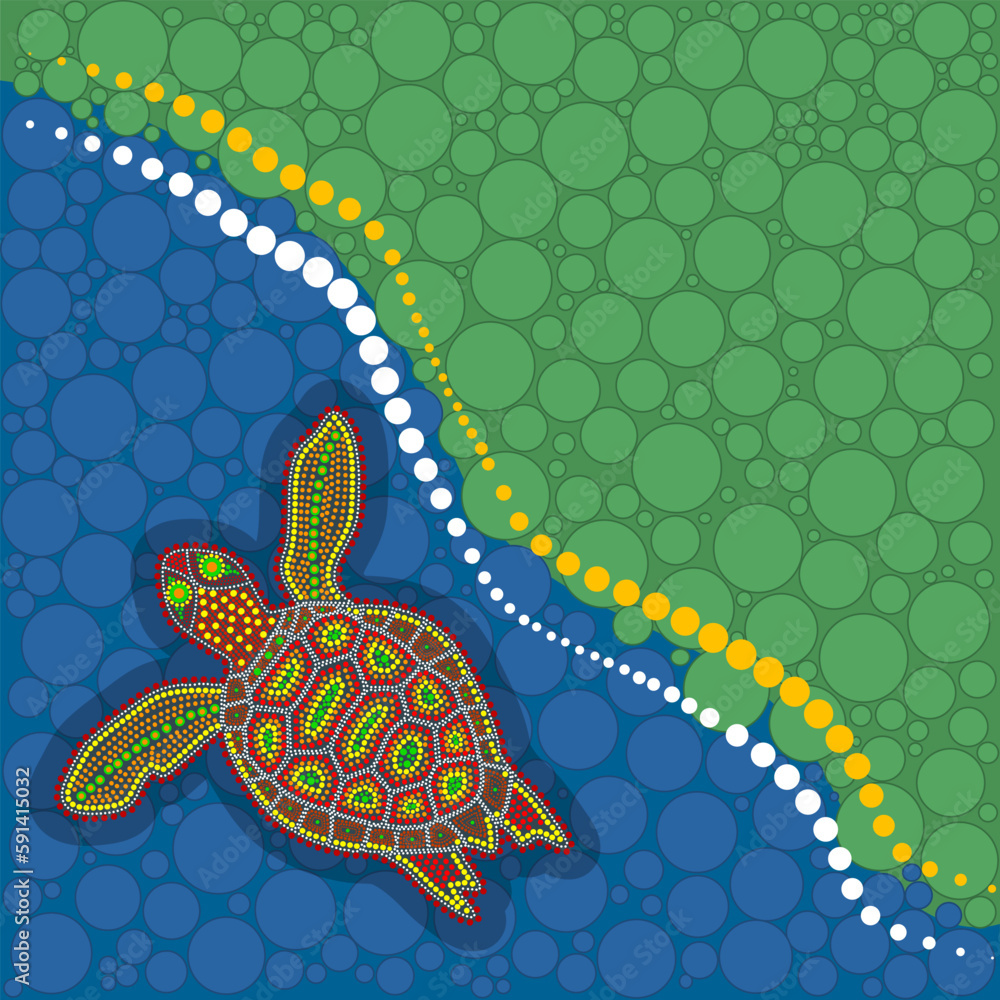 Landscape with turtle in decorative ethnic style. Australia aboriginal ...