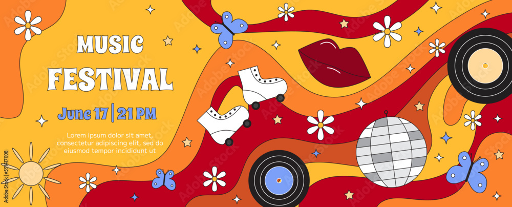 Vector groovy retro music festival invitation banner template. Disco ...