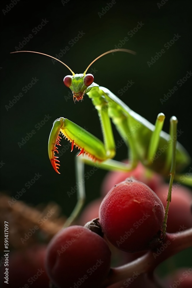 praying mantis with red eyes sits on an apple, generative ai Stock ...