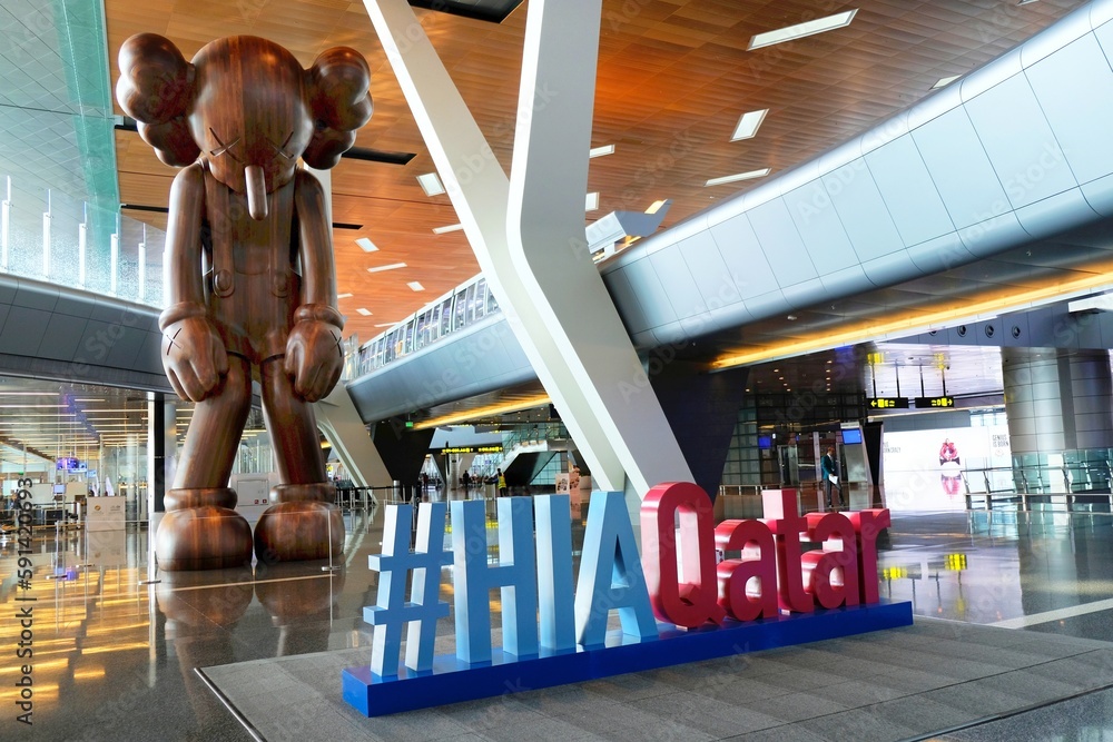 Hamad International Airport, Doha, Qatar - circa October 2019: Wooden ...