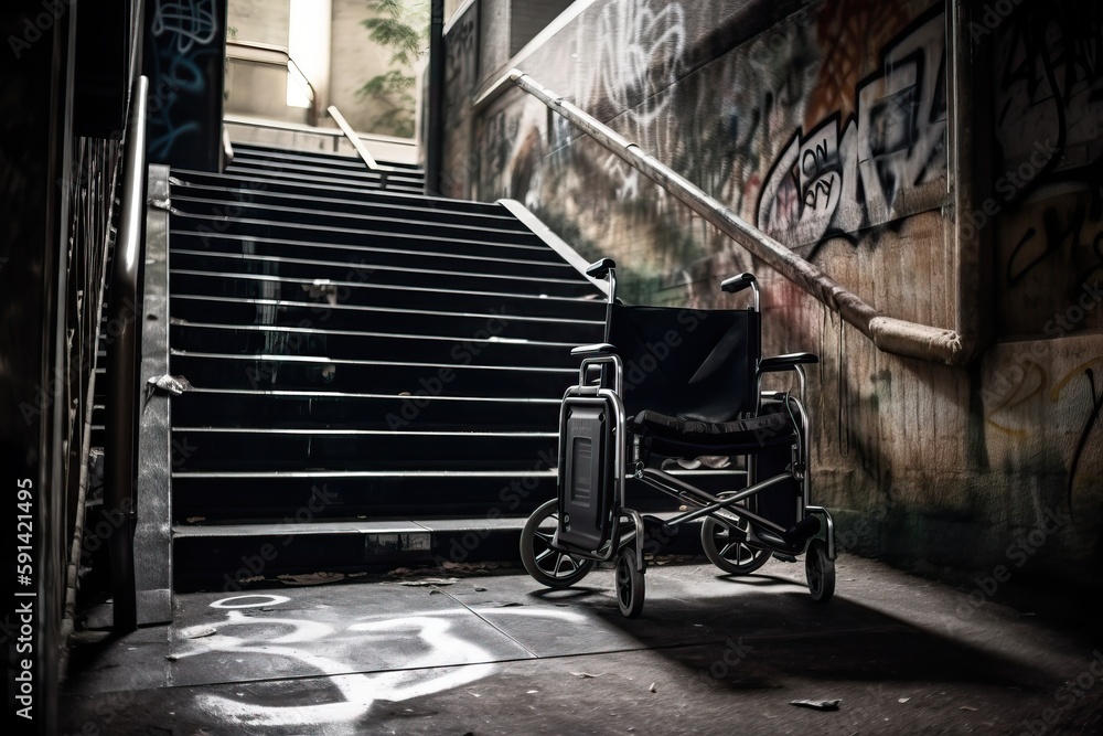 mobility issues, wheelchair by a flight of stairs in a decadent urban ...