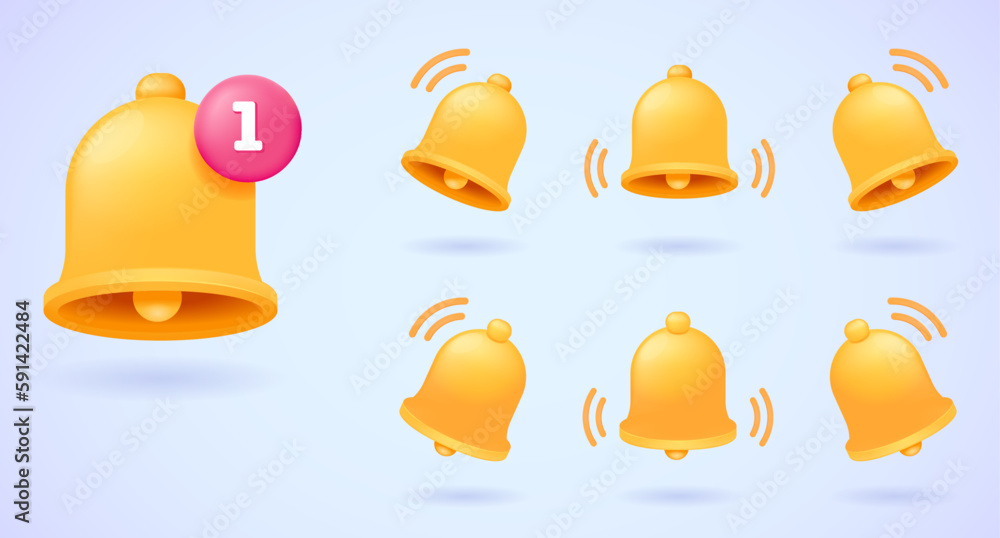 Notification bell icon, reminder, push up message. Three dimensional ...