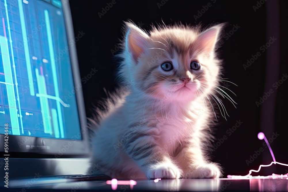 Stock graph chart on screen of computer and cute kitten. Stock trading ...