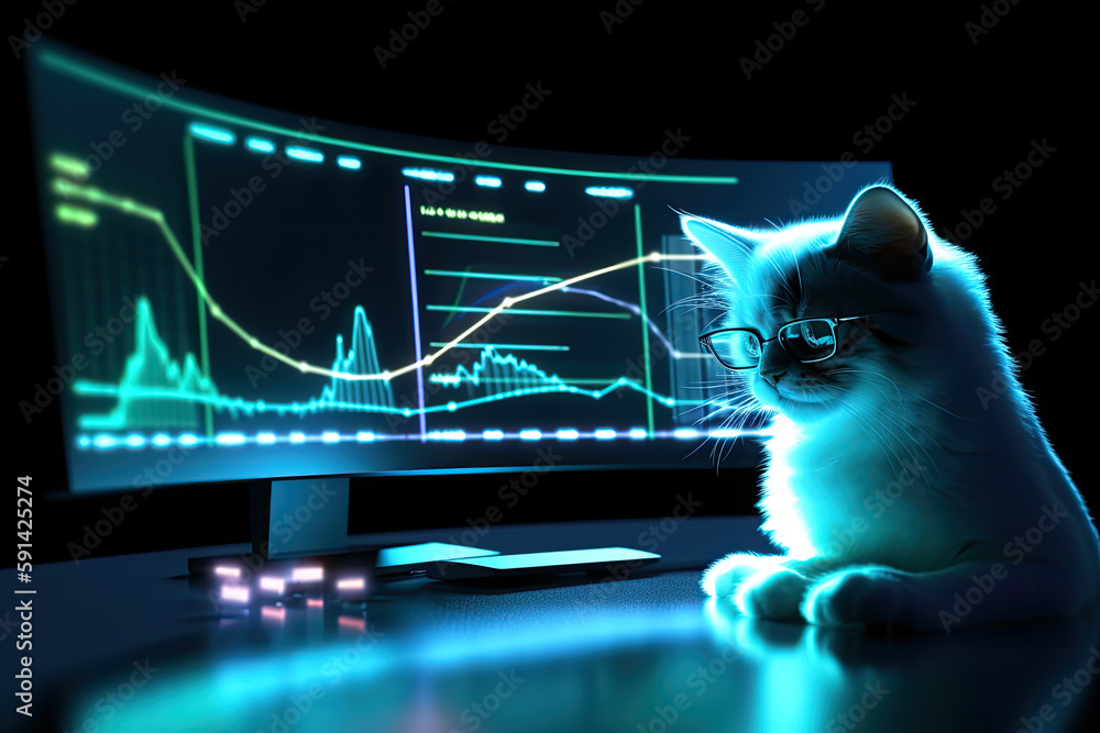 Stock graph charts on screen of monitor and cat in glasses. Stock ...