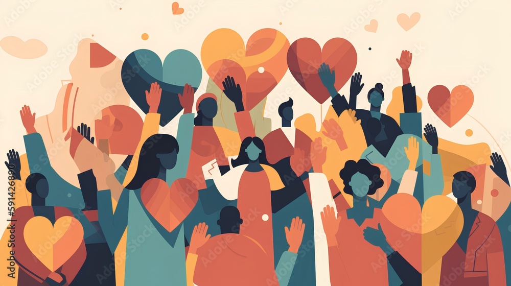 Charity illustration concept with abstract, diverse persons, hands and ...
