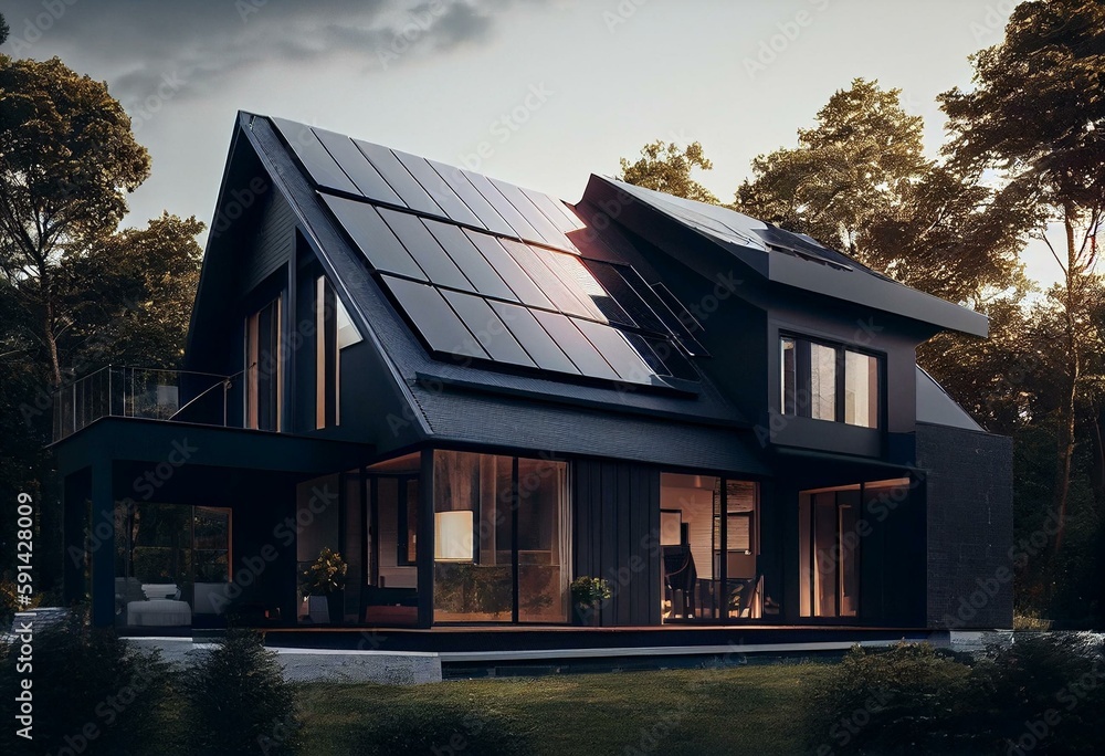 Black solar panels on gable roof. Beautiful, large modern house and ...