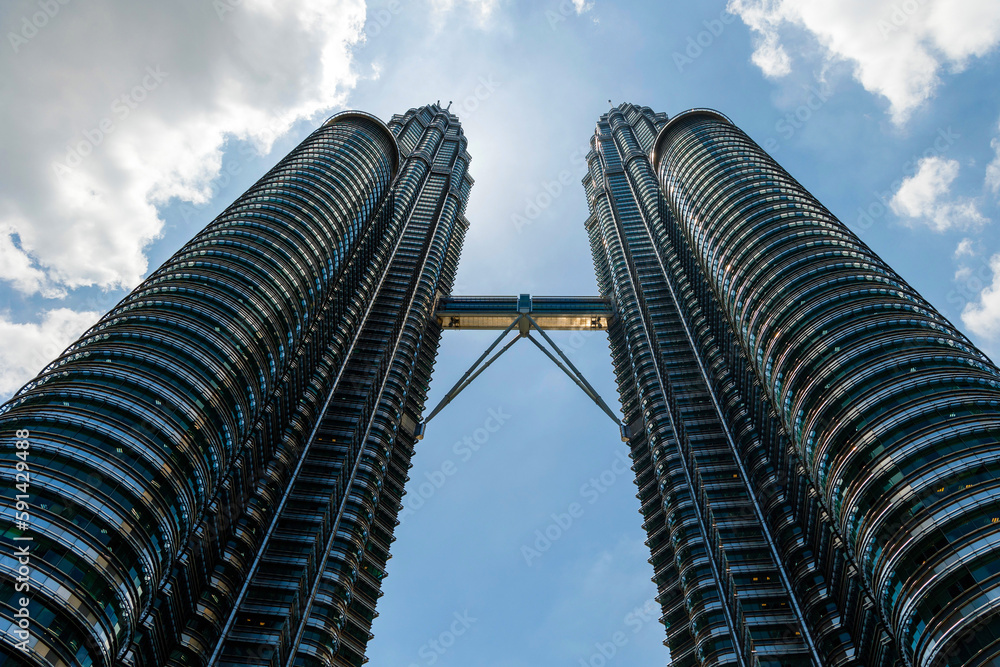 KUALA LUMPUR, MALAYSIA - MARCH 10, 2023: Bottom view of the Petronas ...