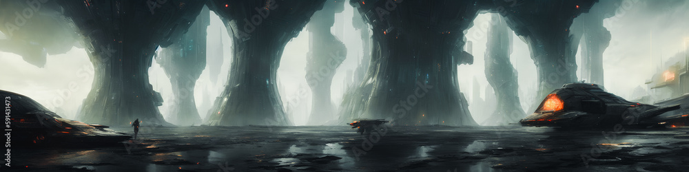 Surreal landscape where robots have taken over the planet. Modern and cold climate. Generative ...