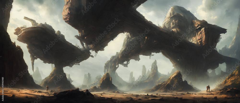 Surreal landscape where robots have taken over the planet. Modern and cold climate. Generative ...