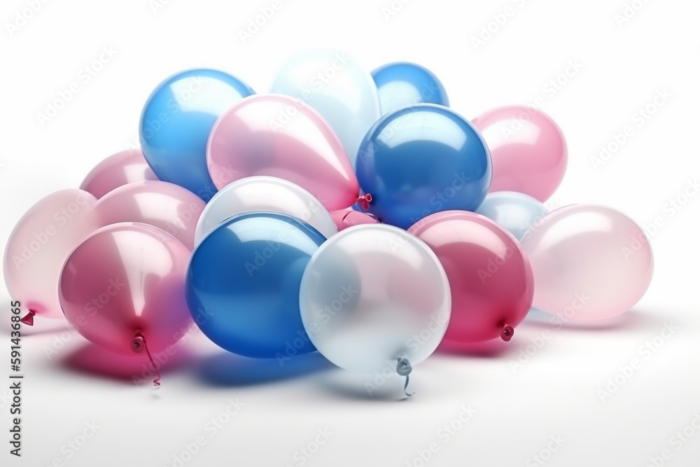 A generative AI image of pink, blue and white helium party balloons ...