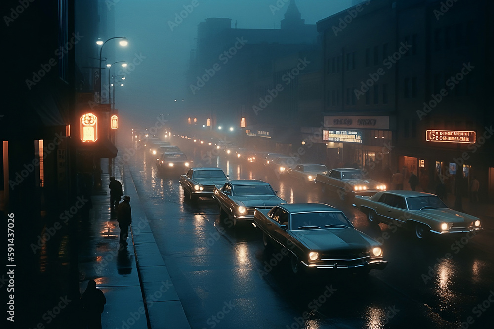 1960s vintage retro traffic in the city at the night with fog weather ...