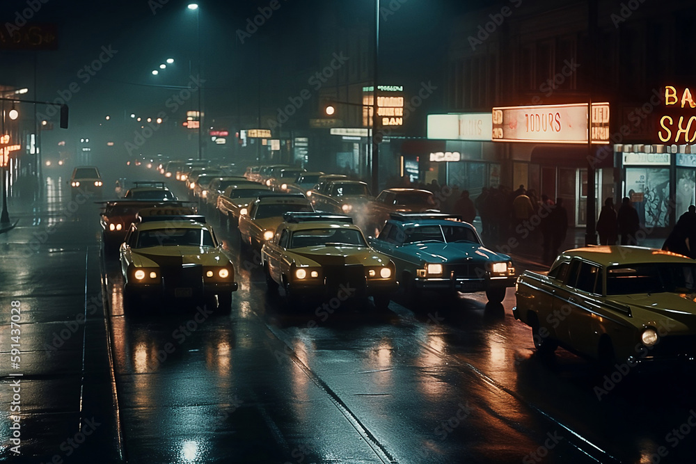 1960s vintage retro traffic in the city at the night with fog weather ...