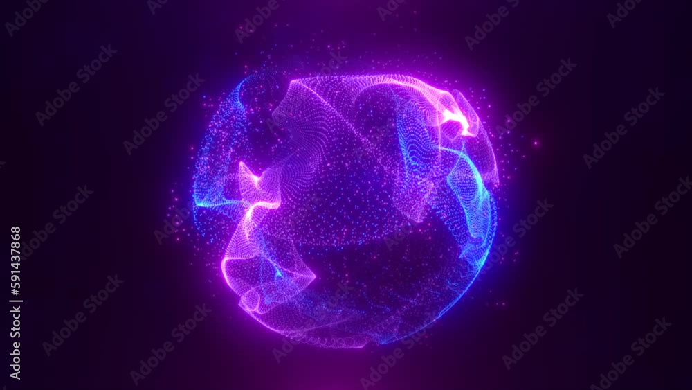 Abstract purple looped energy sphere of particles and waves of magical ...