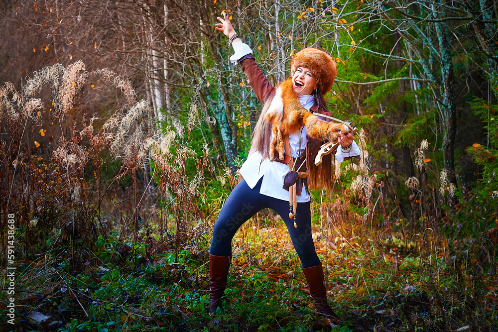 Girl in a leather jacket, a big red fox fur hat and with the skin of a ...