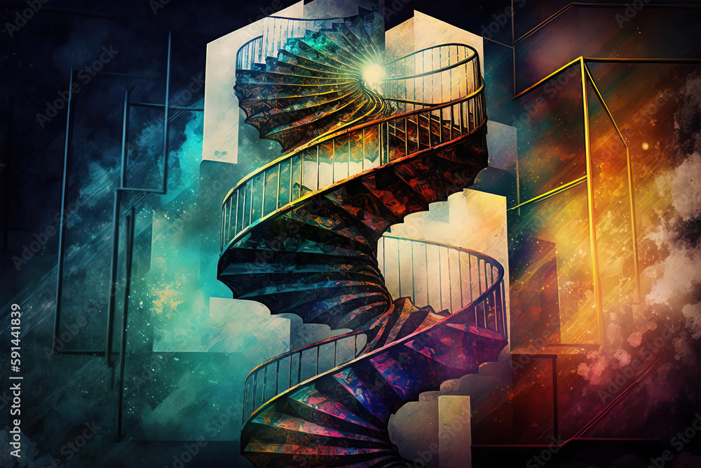 Abstract spiral staircase illustration. Concept art of an human mind ...