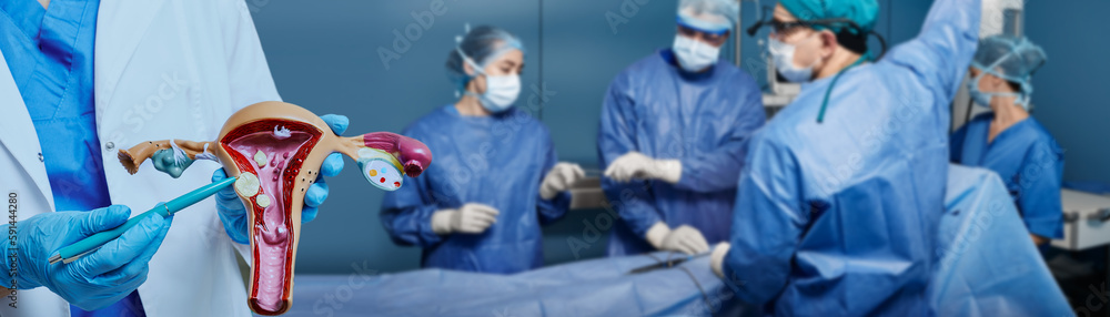 Gynecological surgery. Team of surgeons performing gynecological ...