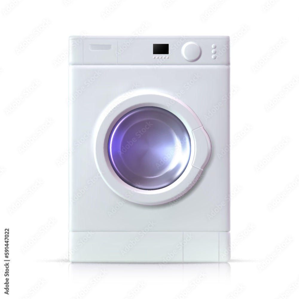 Realistic white washing machine on a white background. Front view ...