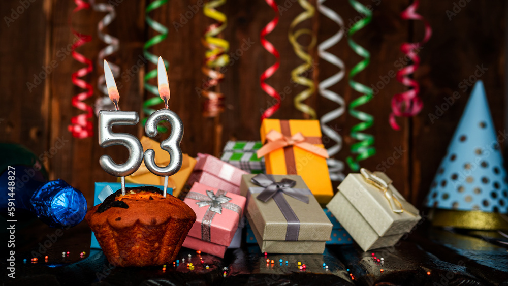 Birthday background with muffin and candles with number 53. Beautiful ...