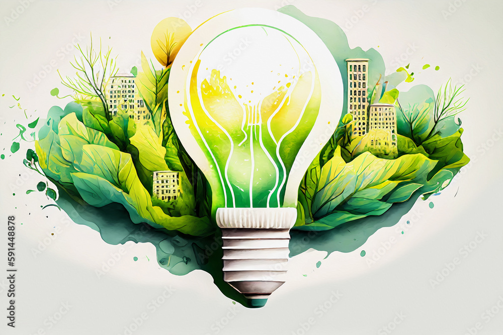 Watercolor light bulb green renewable energy concept. Generative ai ...