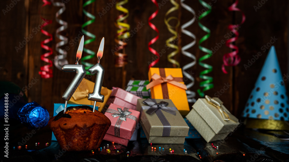 Birthday background with muffin and candles with number 71. Beautiful ...