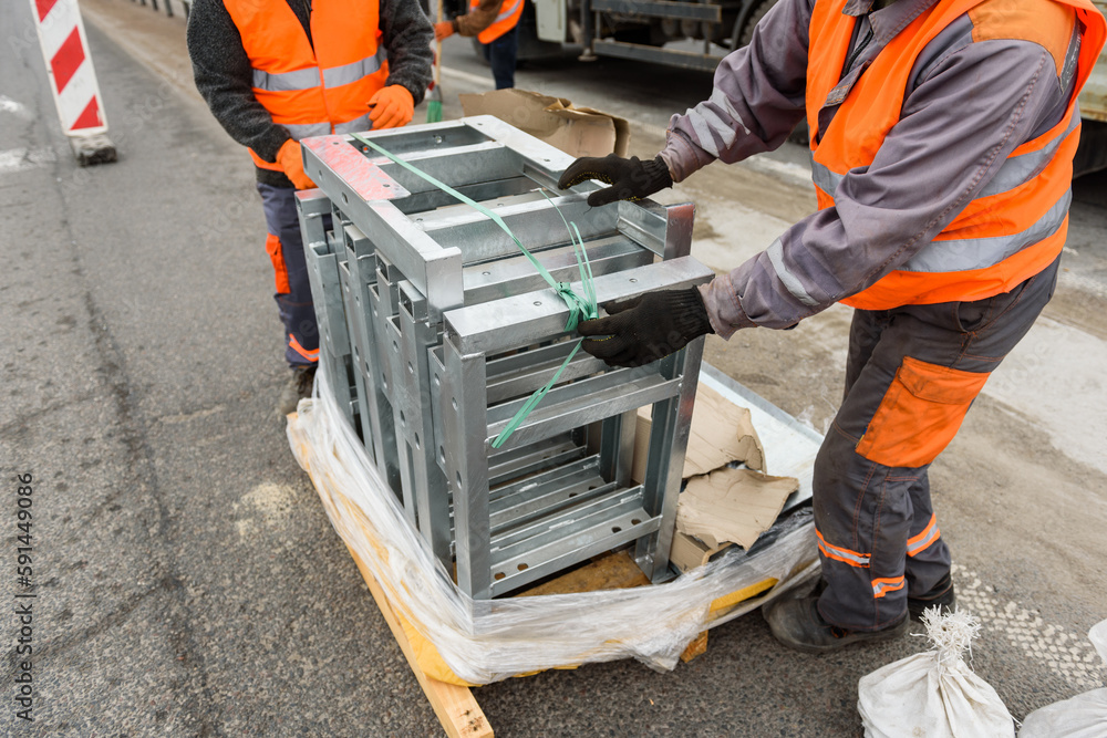 Metal road fencing of barrier type on freeway. Road guard rails. Safety ...