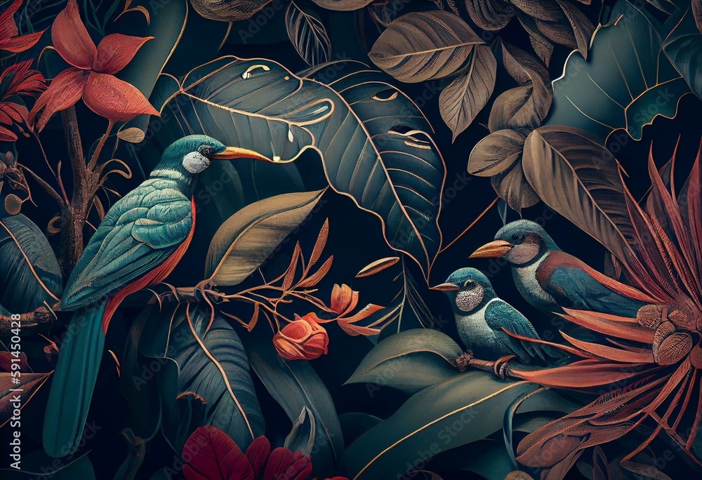 wallpaper vintage jungle pattern with birds plants and flowers and ...