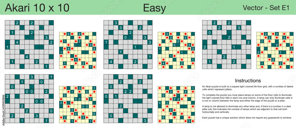 5 Easy Akari 10 x 10 Puzzles. A set of scalable puzzles for kids and ...