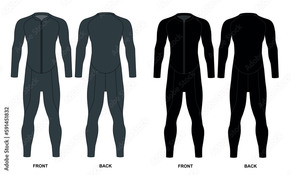Collection of technical drawings of a men's wetsuit with a front zipper ...