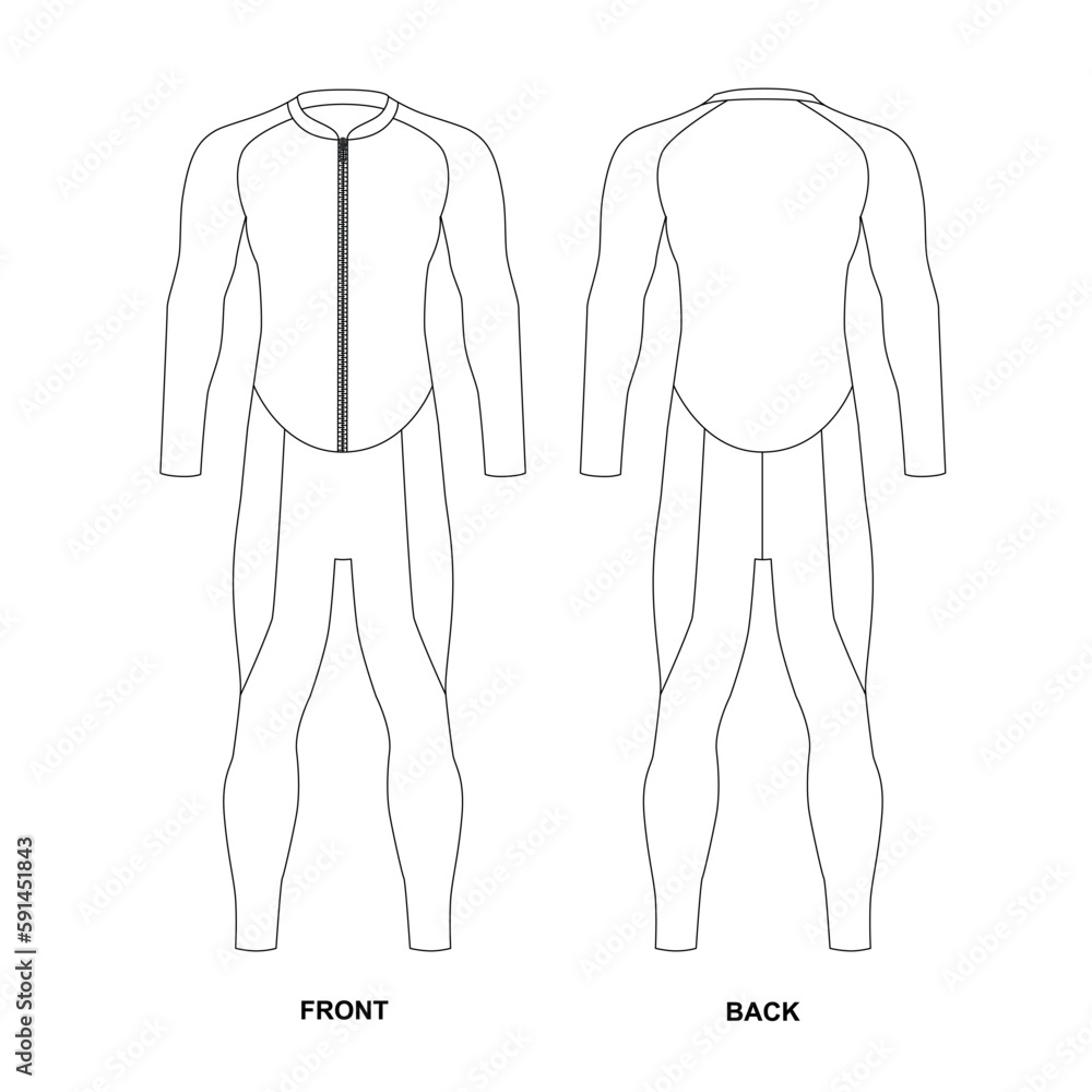 Outline technical drawing of a wetsuit with a front zipper closure ...