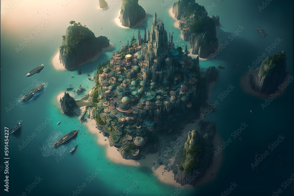 aerial view of a fantasy island city with lots of buildings in the ...