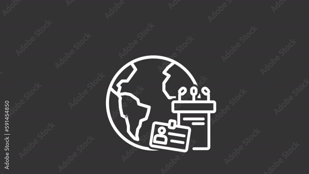 MICE tourism white line animation. Plane flying around globe. Business ...