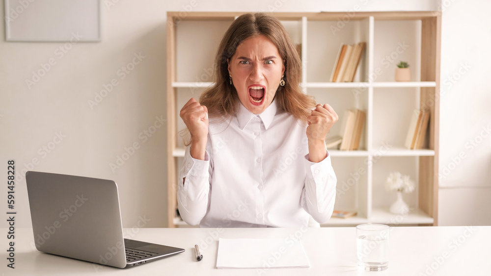 Furious anger. Office woman. Work difficulties. Rage lady sitting desk ...