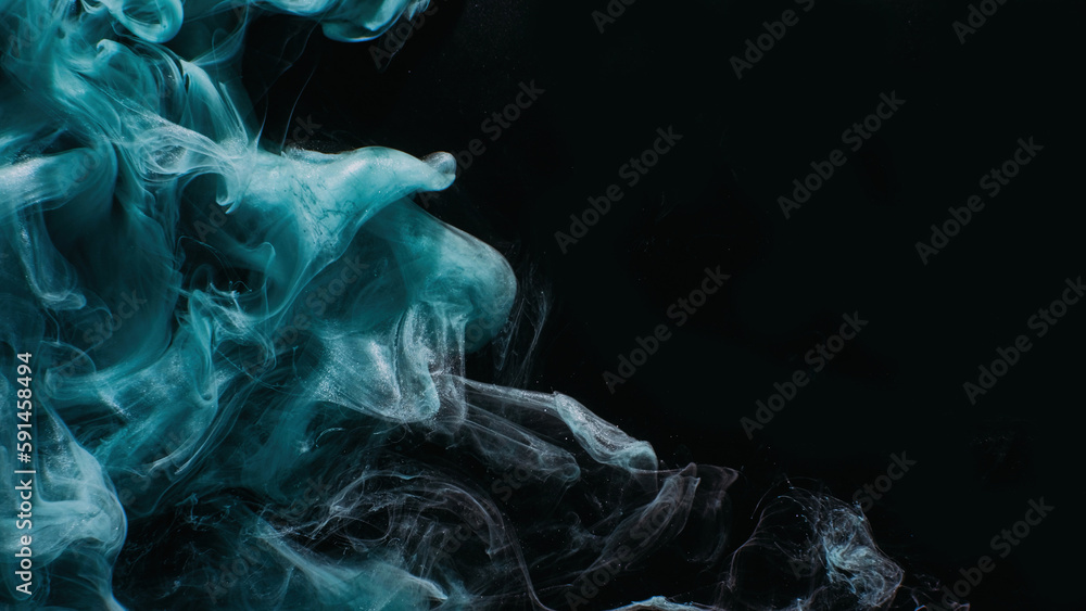 Ink water. Mist floating. Acrylic paint splash. Blue color glowing ...