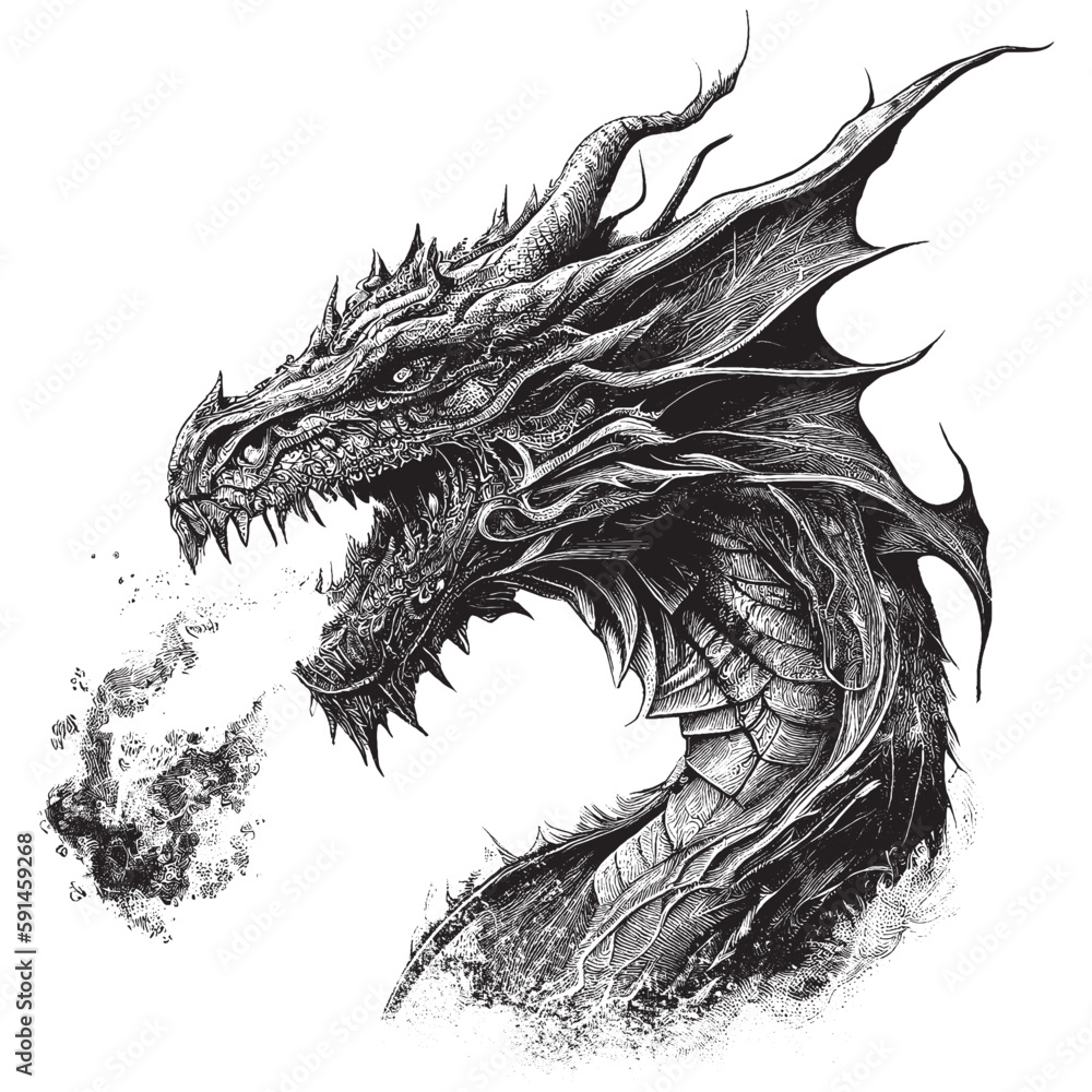 Hand Drawn Engraving Pen and Ink Dragon Spitting Fire Vintage Vector ...