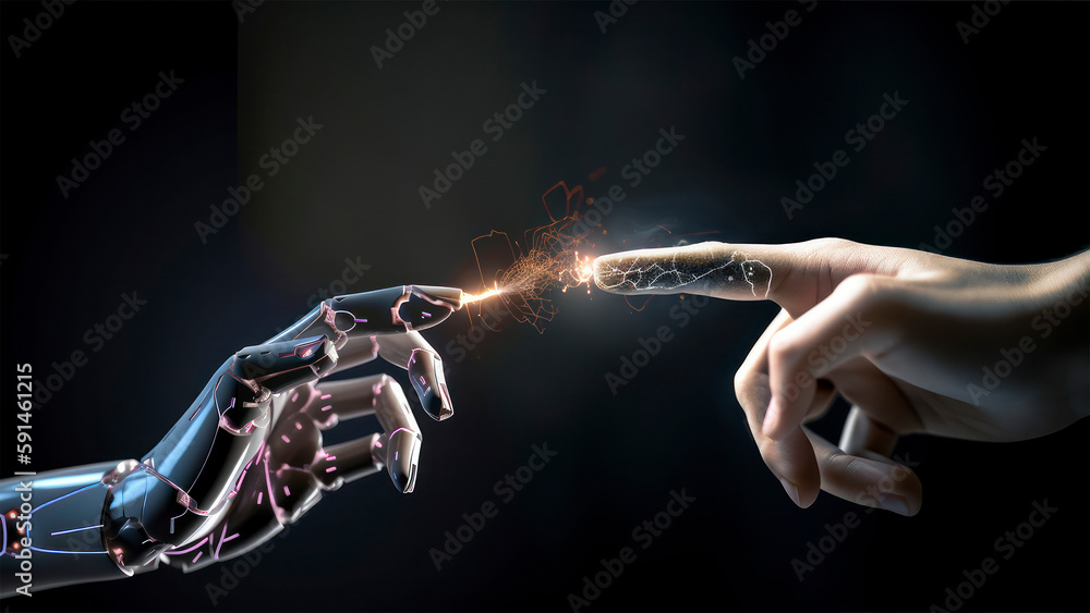 Human hand touching robot hand and the sparkle of life appear making ...