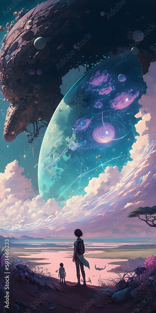 beautiful vast galaxy landscape by Studio Ghibli with a gigant space ...