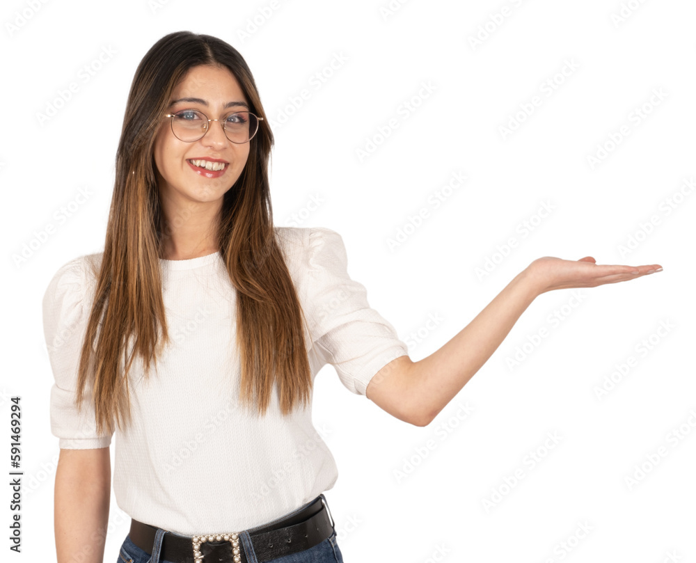 Woman with open palms, portrait of young woman with open palms. Smiling ...