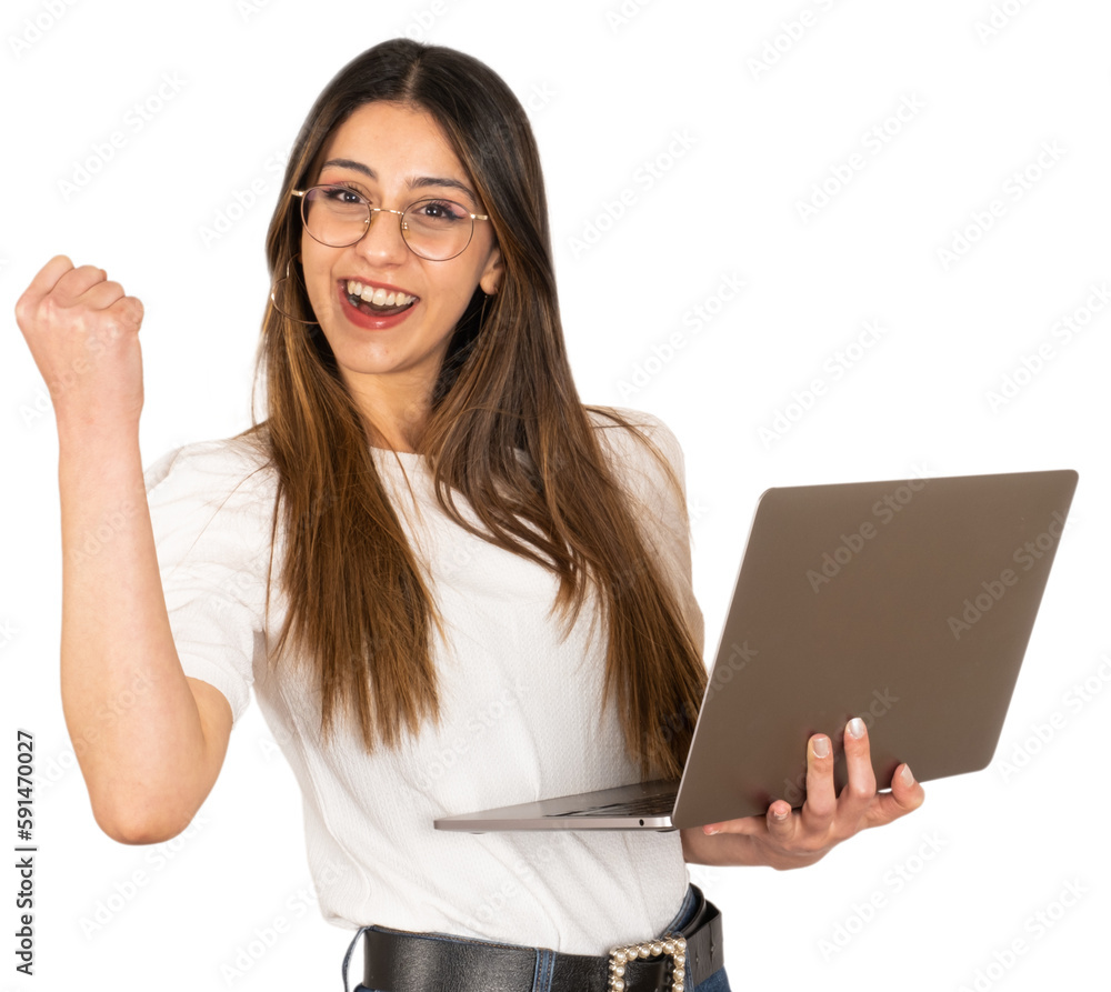 Winning pose, beautiful young woman holding laptop gesturing winning ...