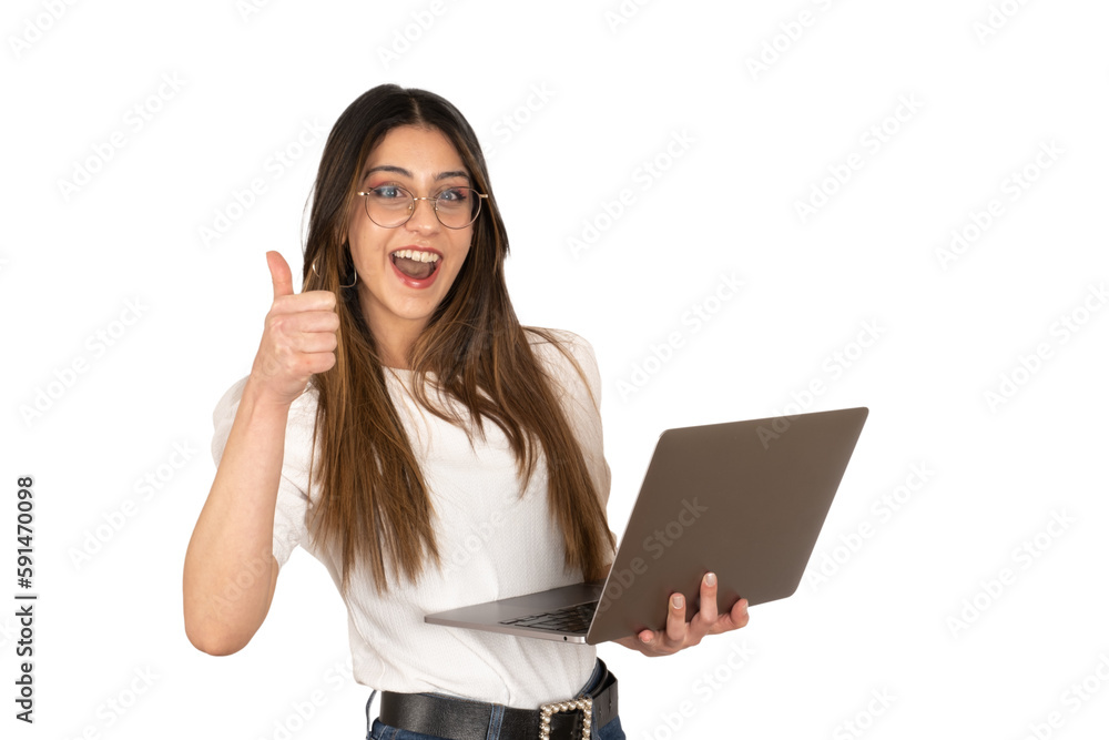 Happy excited woman holding laptop. Newest notebook in her hand ...