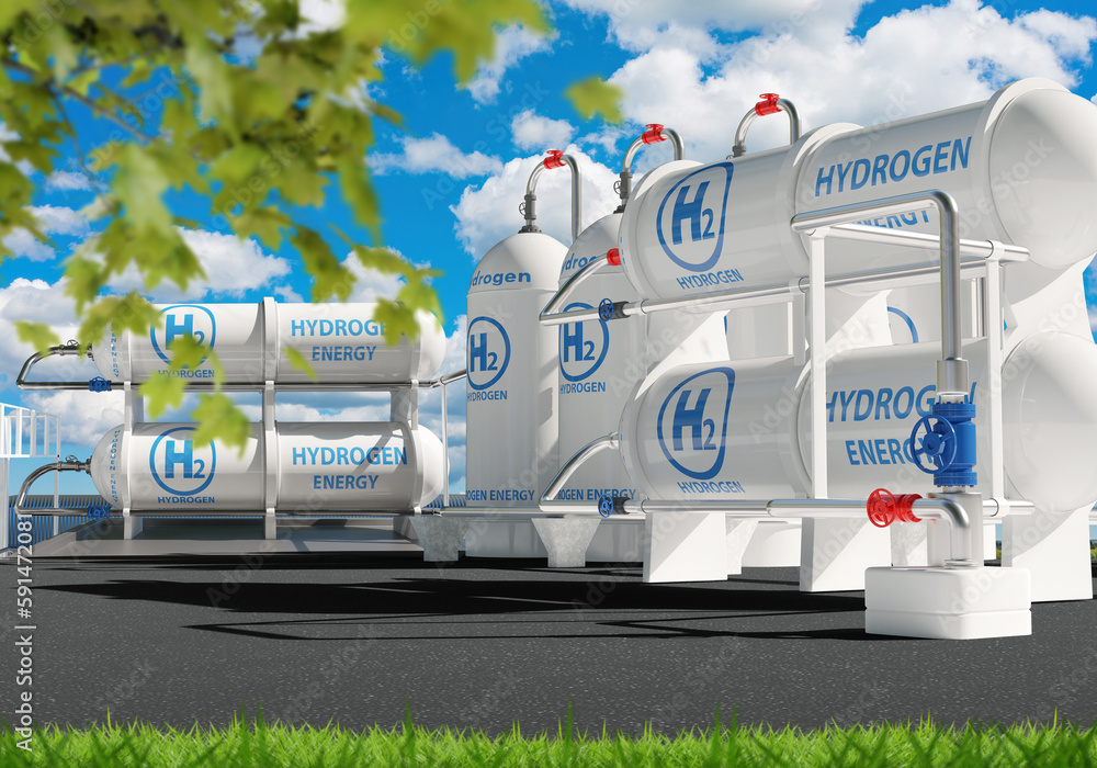 Hydrogen production. Tanks and pipes with H2 logo. Environmentally ...
