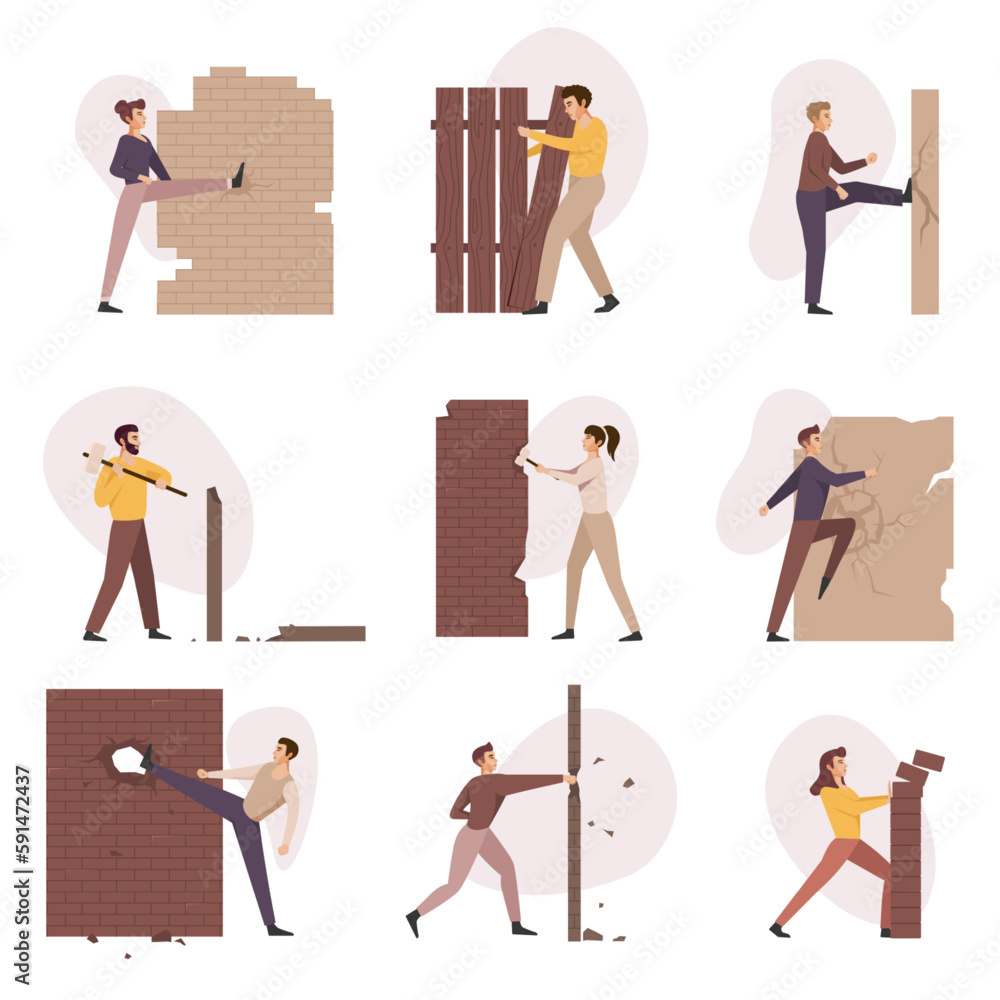 Characters destroying walls,success achieving metaphor. Employees and ...