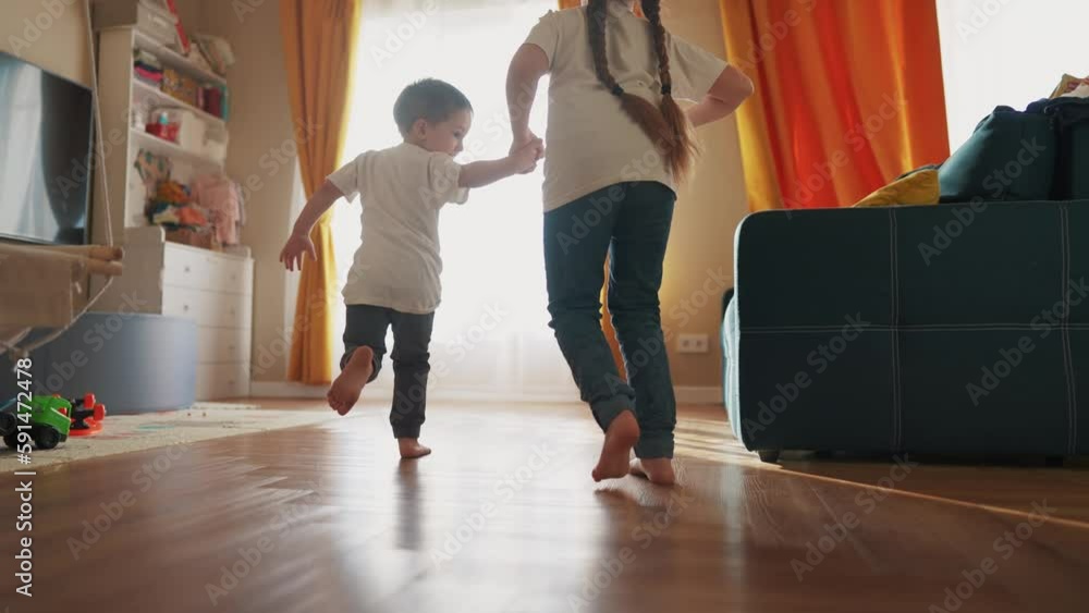 children running around the house playing silhouette. happy family kid ...