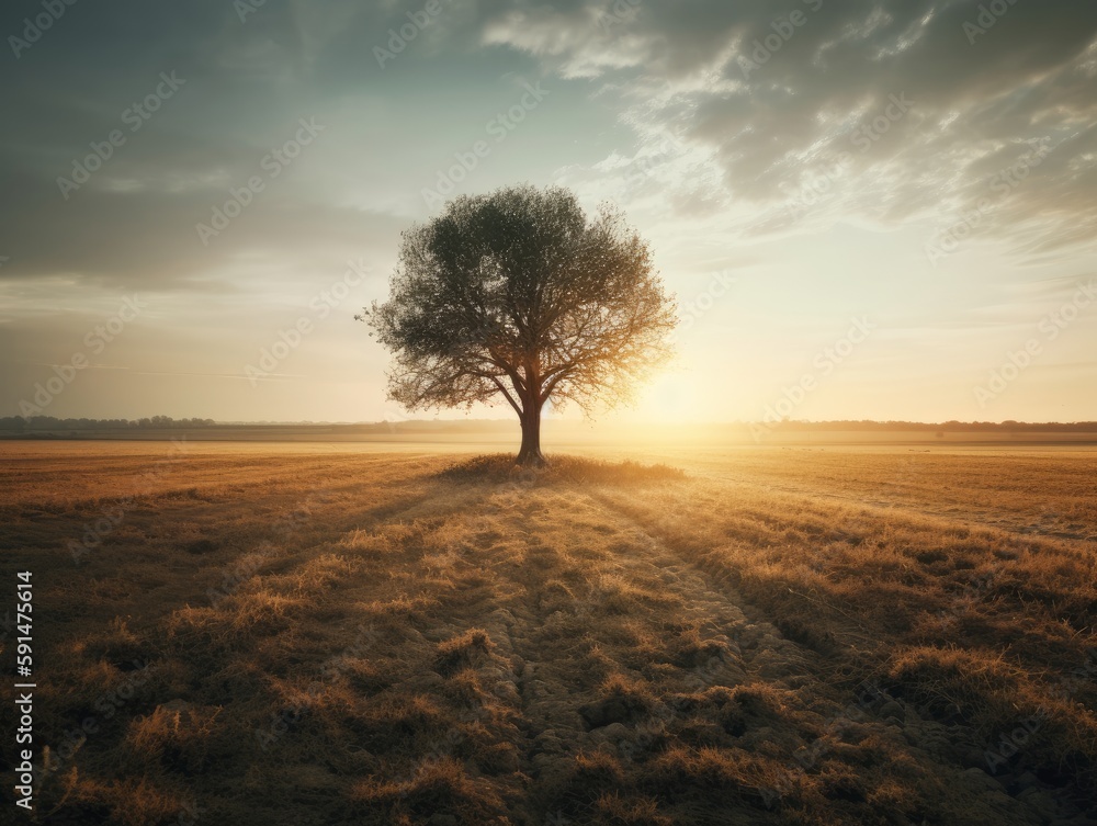 A single tree standing tall in a vast, open field at sunset Stock ...